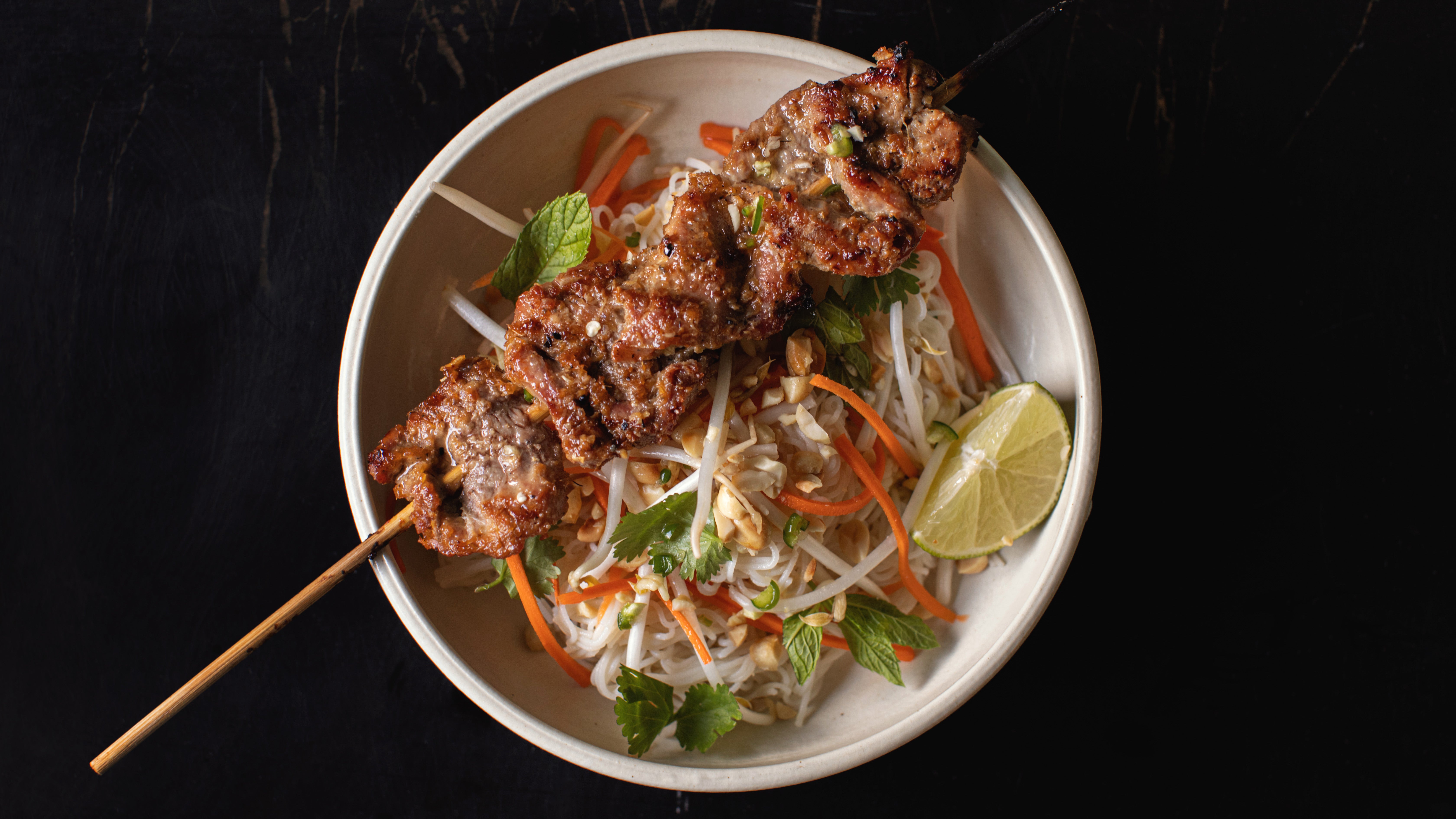 Grilled Vietnamese Inspired Pork Tenderloin Skewers with Rice Noodle ...